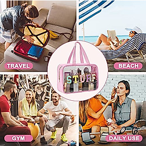 Yowivon Clear Tote Bag Pink Preppy Large Makeup Bag Travel Toiletry Cosmetic Organizer Bag with Handle, Transparent Waterproof Beach Bag Snack Stadium Bags for Women Girls