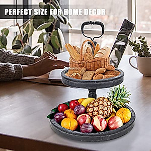 Vipush Farmhouse Two Tiered Tray,Distressed Wood Two Tier Tray,Decorative Rustic Wooden 2 Tier Serving Tray Cake Stand for Kitchen and Seasonal Decor,Black