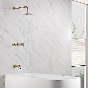 SUMERAIN 3 Handle Tub Shower Faucet Set with Waterfall Tub Spout and 3-Cross Handles, Wall Mounted Rainfall Bathtub Shower Faucet Brushed Gold