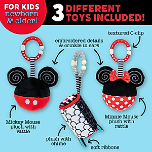 KIDS PREFERRED Disney Baby Mikcey Mouse and Minnie Mouse 3 Pack Hanging Toys, Black and White High Crinkle Plush, Boys and Girls Ages 0+, Stroller On The Go Clip, Teether, Chime Toy (81261)