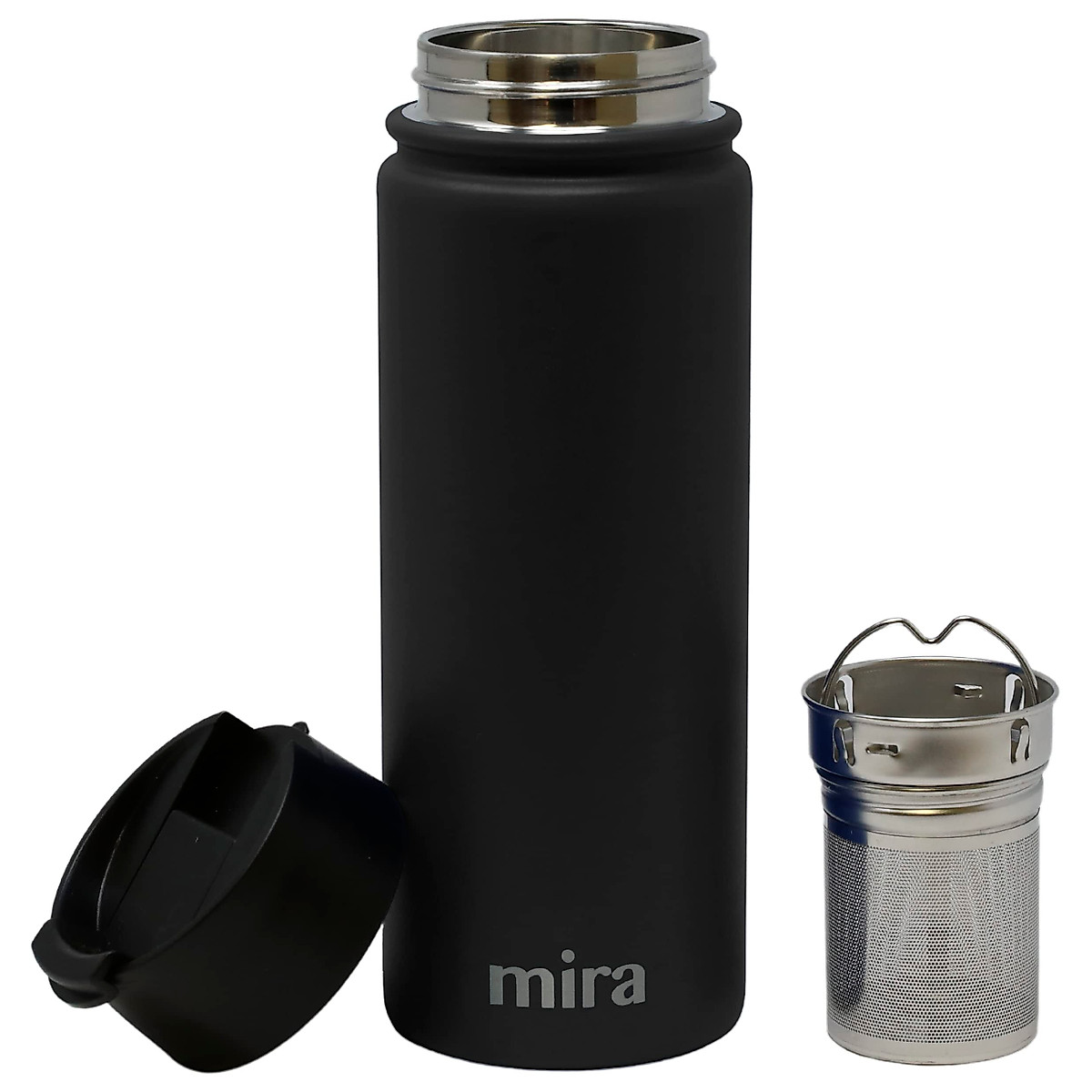 MIRA Stainless Steel Insulated Tea Infuser Bottle for Loose Tea - Thermos Travel Mug with Removable Tea Infuser Strainer - Black - 18 oz