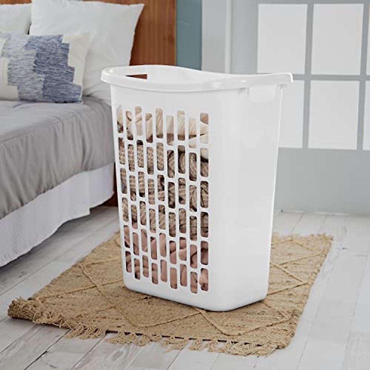 Sterilite Rectangular Open Laundry Hamper, Tall and Slim Plastic Hamper with Handles for Carrying Clothes to and from the Laundry Room, White, 6-Pack