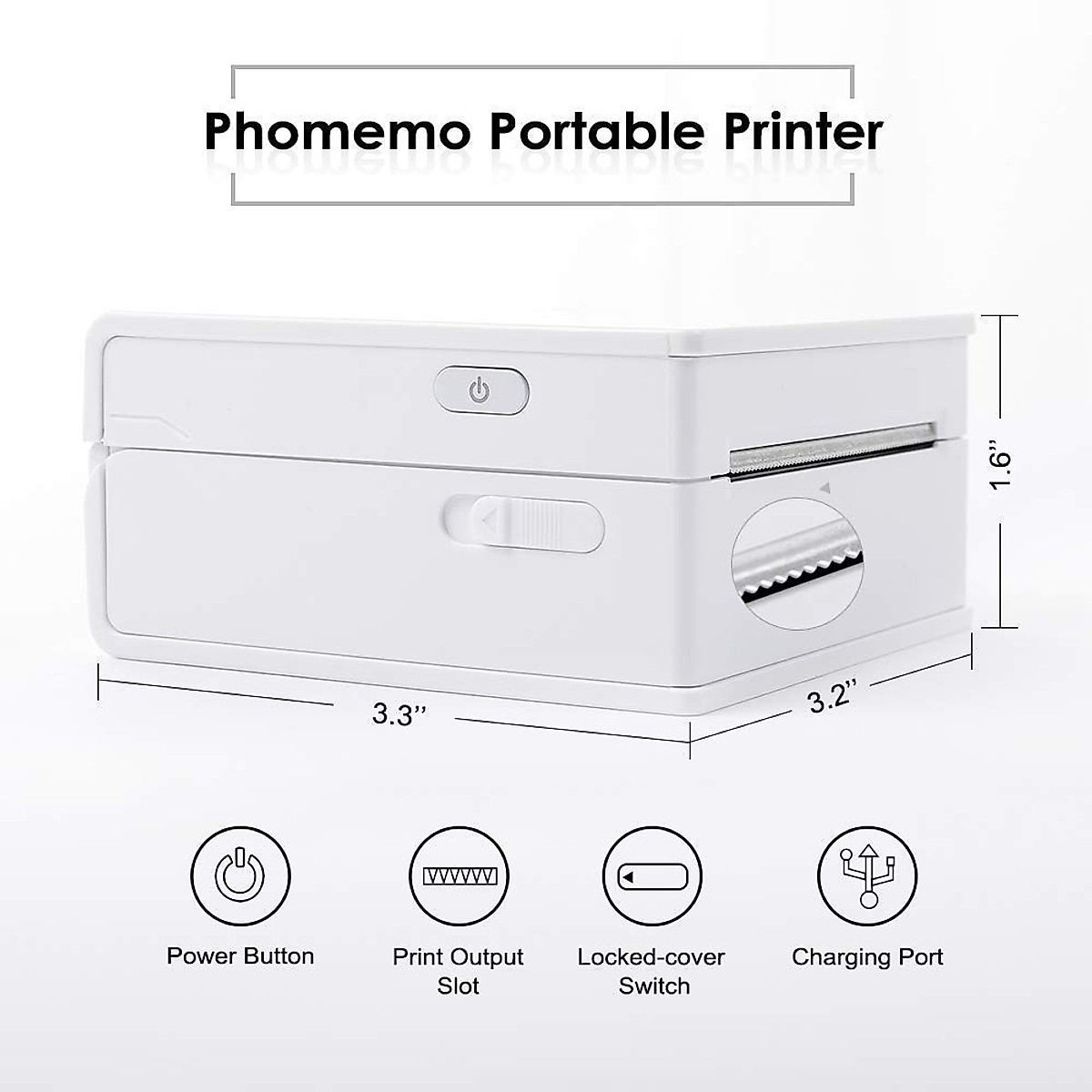 Phomemo M02 Pocket Printer- Mini Bluetooth Thermal Printer with 3 Rolls White Sticker Paper, Compatible with iOS + Android for Learning Assistance, Study Notes, Journal, Fun, Work，White