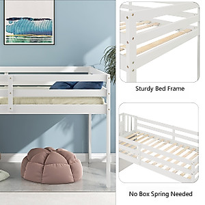 Twin Size Wooden Loft Bed Frames with Storage Staircase, Modern Country Loft Bed with Security Fence, Easy Assemble for Bedroom Small Living Space Boys Girls Adults Teens, Noise Free (White)