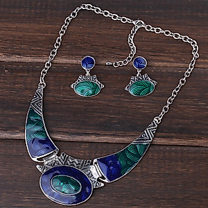YAZILIND Ethnic Dark Blue Green Embossed Bib Collar Earrings Necklace Jewelry Set Women
