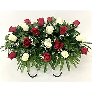 Cemetery Headstone Saddle Flower Arrangement in Red and Cream Roses-Grave Marker Decoration, Sympathy Flowers