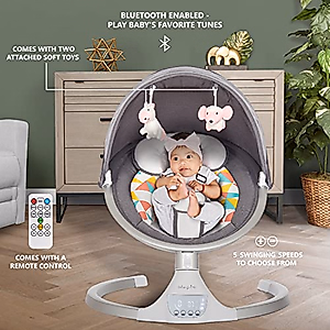 Dream On Me Zazu Baby Swing, Baby Swing for Infant, 5- Swinging Speed, Two Attached Toys, Bluetooth Enabled and Remote Control, Grey and Pink