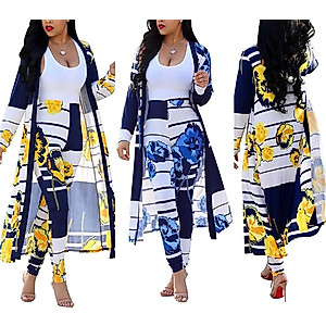 Womens Floral Print Long Sleeve Cardigan Cover up Long Pants 2 Piece Outfits Set Blue