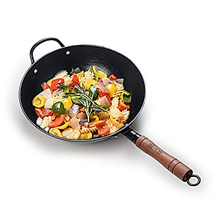 臻三环 ZhenSanHuan Cast Iron Woks and Stir Fry Pans, No Coating, Induction Suitable, Flat Bottom (32CM/12.6in)