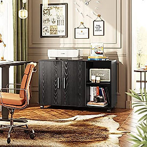 DEVAISE Rolling File Cabinet, Wood Storage Cabinet with Dual Doors, Large Printer Stand on Lockable Wheels for Home Office, Black