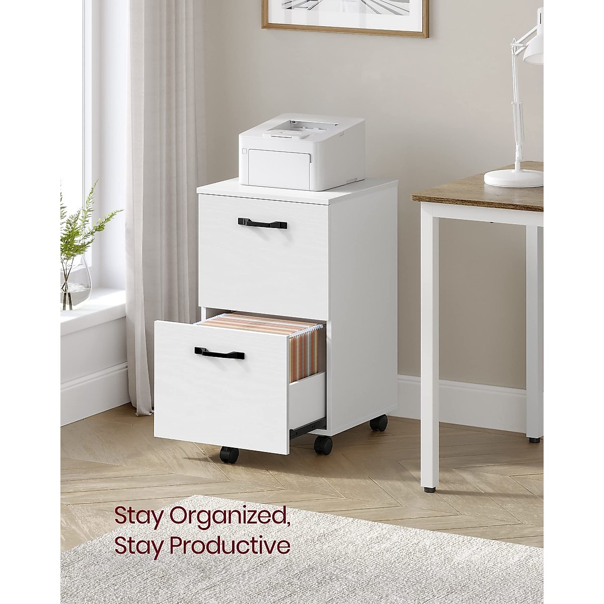 VASAGLE 2-Drawer File Cabinet, Filing Cabinet for Home Office, Small Rolling File Cabinet, Printer Stand, for A4, Letter-Size Files, Hanging File Folders, Modern Style, White UOFC040W46