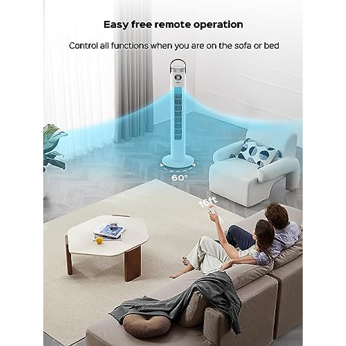 PROUS Tower Fan for home bedroom, 42 Inch 60° Oscillating fan Quiet 35dB with Remote, Floor Fan with 24H Timer, Large LED Display, Bladeless Fan, 21ft/s 3 Speeds 3 Modes