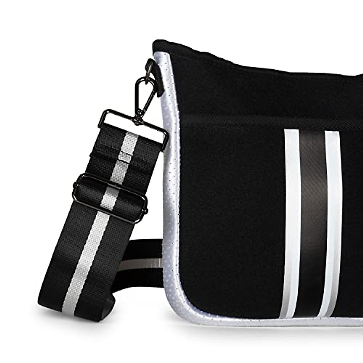 Haute Shore - Jeri Jazz Crossbody Tote, Black W/Black & Silver Stripe