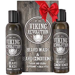 Viking Revolution Beard Care Set with Argan & Jojoba Oils - Softens, Smooths & Nourishes Facial Hair Growth - Peppermint and Eucalyptus Scented Wash & Conditioner (5 oz)