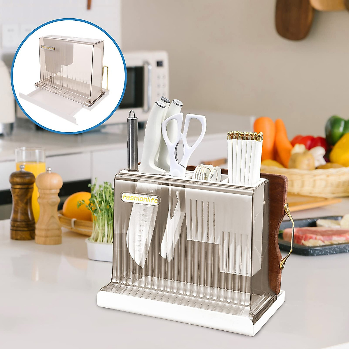 Cabilock Transparent holder kitchen utensil cutting board organizer holder for kitchen drawer kitchen tool holder flatware plastic tray block the pet white household
