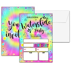 Chuxvon Waterslide Birthday Party Invitations, Summer Pool Birthday Invitation, Double-Sided Tie Dye Themed Fill In Invites, Kids Splash Birthday Party Decorations, 20 Cards With 20 Envelopes(C04)