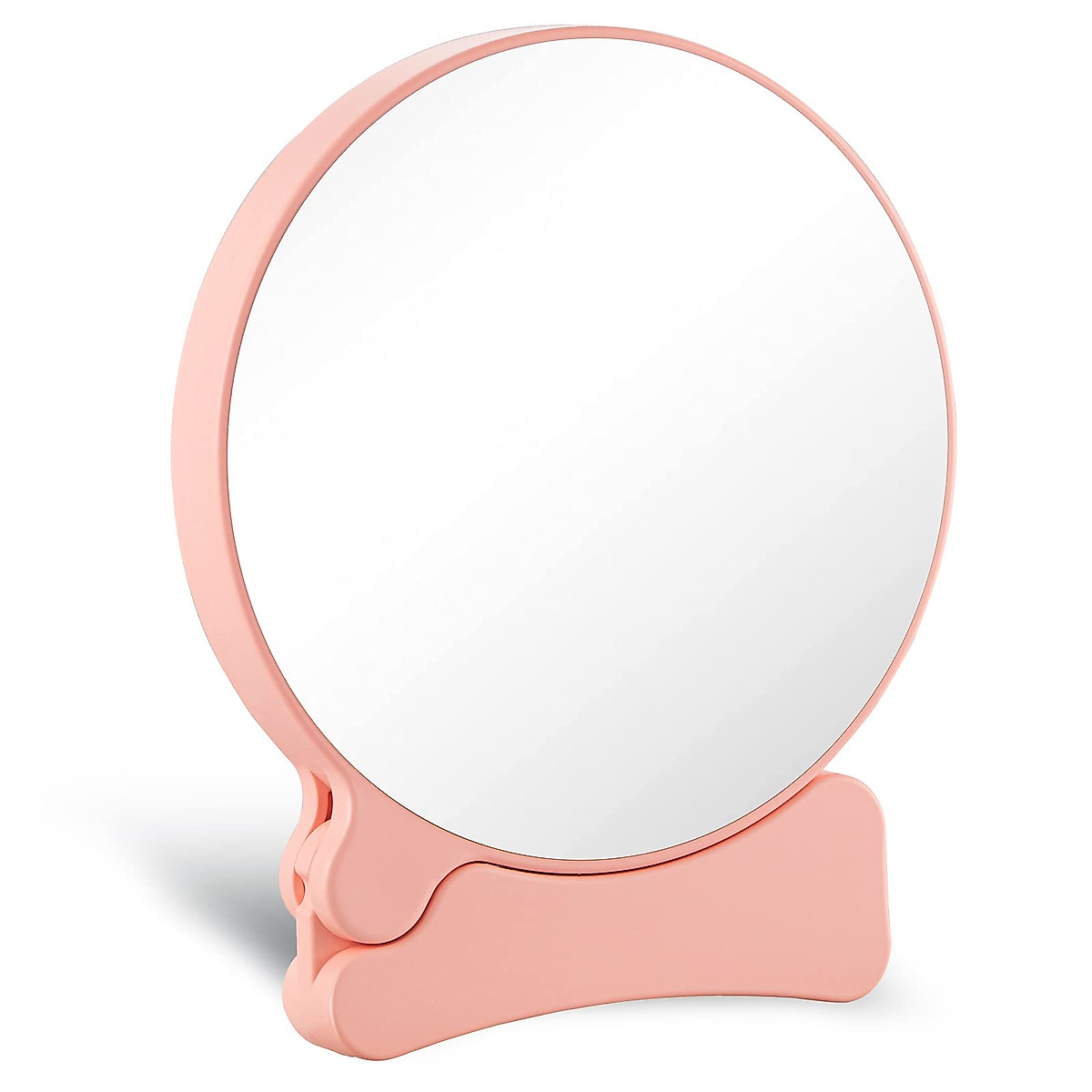 Handheld Mirror with Folding Handle, Round Portable Small Hand Mirror for Travel Makeup, Lightweight, Without Lights (Pink)