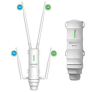 AC1200 Outdoor WiFi Range Extender/PoE Access Point/Repeater with 4-Antenna, MyMAX Dual-Band 2.4+5GHz 1200Mbps Weatherproof Outside Wireless AP/Exterior Network Signal Booster/Internet Amplifier
