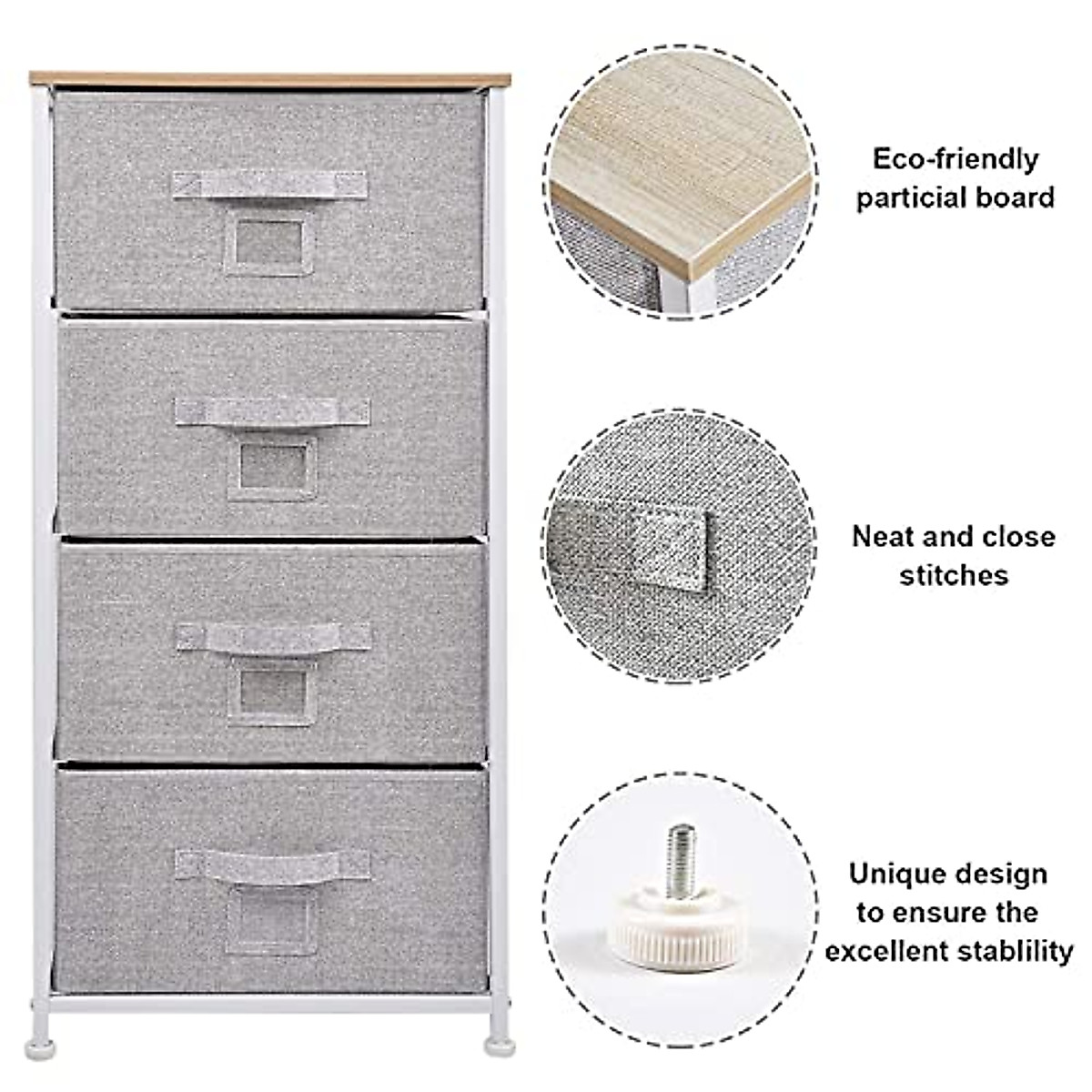 CERBIOR Drawer Dresser Closet Storage Organizer with Label Card 4-Drawer Closet Shelves, Sturdy Steel Frame Wood Top with Easy Pull Fabric Bins for Clothing, Blankets - Grey