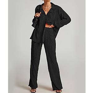 KOLAOYEP 2 Piece Outfits for Women Wide Leg Pants Sets Casual Long Sleeve Button Down Shirt Solid Streetwear Suits