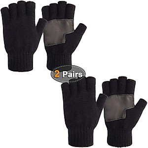 MAYLISACC Winter 2 Pair Black Fingerless Gloves with Leather Patch, Warm Knit Half Finger Gloves Stretchy for Texting Unisex