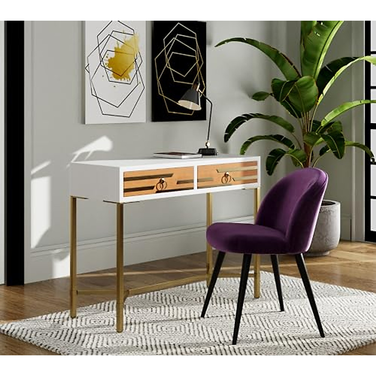 Adore Decor Jupiter Console Table with 2 Drawers, Mid Century Modern Rectangular Small Space Accent Desk for Living Room, Entryway, Home Office, Metal Legs, Easy Assembly, White and Gold