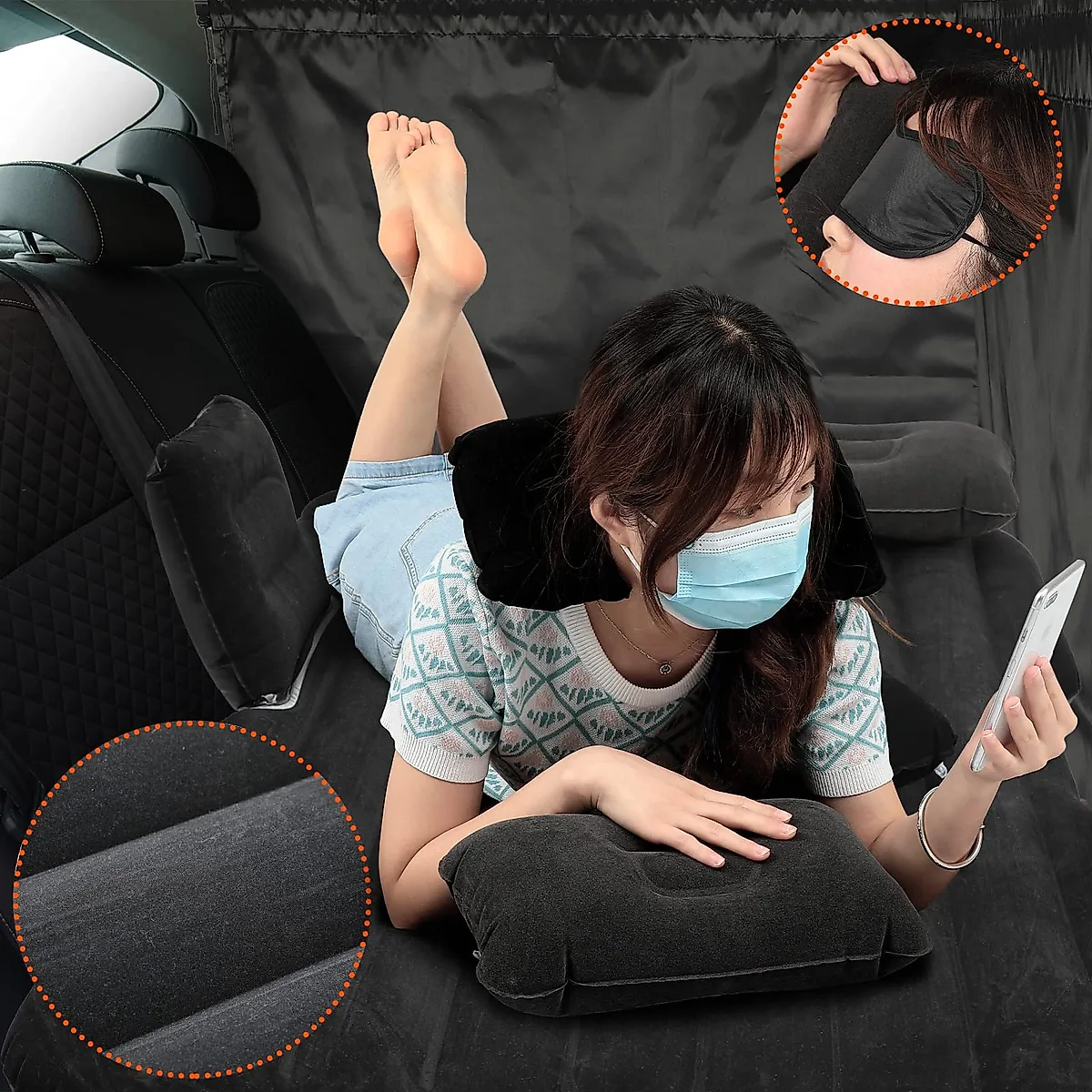 Tallew 12 Pcs Car Air Mattress Back Seat Inflatable Bed SUV Car Camping Backseat Truck Air Mattress Curtain Divider Window Shade Cover Portable Travel Sleeping Set