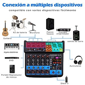 BOMGE 6 Channel mini DJ Audio sound mixer console with USB interface, Bluetooth, Stereo Recording, 48V Phantom Power, 24 DSP effects for karaoke, singing, live，streaming，pc recroding. (white)