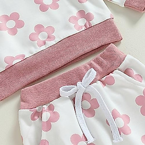 Douhoow Infant Baby Fall Outfit Baby Girl Flowers Sweatshirt Drawstring Pants Baby Girl Clothes Set (Pink, 0-6 Months)