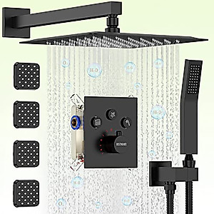 Bostingner Thermostatic Rain Shower System, 12 Inch Matte Black Wall Mount Faucet Set with Body Jets and Valve, All Functions Simultaneous Use