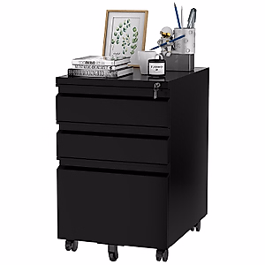 FLEXISPOT 3 Drawer File Cabinet for Home Office,Metal Mobile Filing Cabinet Under Desk Storage with Lock Keys,File Organizer Cabinet for Legal/Letter/A4 File,Fully Assembled Except Wheels,Black