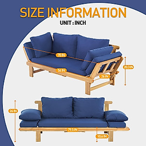 FDW Outdoor Patio Couch Daybed Sofa Loveseat Seating Outdoor Couch Daybed with Adjustable Armrest, Wooden Loveseat with Cushion and Pillow and Expandable Plate