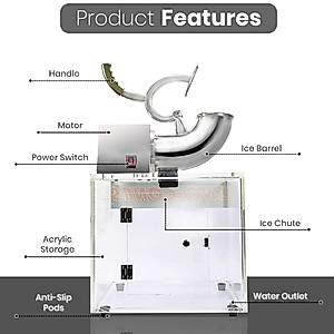 WYZworks Stainless Steel 440 lbs/hr Electric Ice Shaver Machine with Dual Blades 250W Ice Crusher Snow Cone Maker Machines w Acrylic Box for Home, Restaurants, Bars, Party