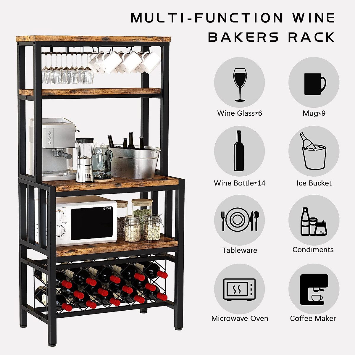 Recaceik Wine Rack Freestanding Floor, Kitchen Organizers and Storage with Wine Bottle Holder Glass Holder, Multi-Function Bakers Rack Home Coffee Wine Bar Cabinet, Rustic Brown