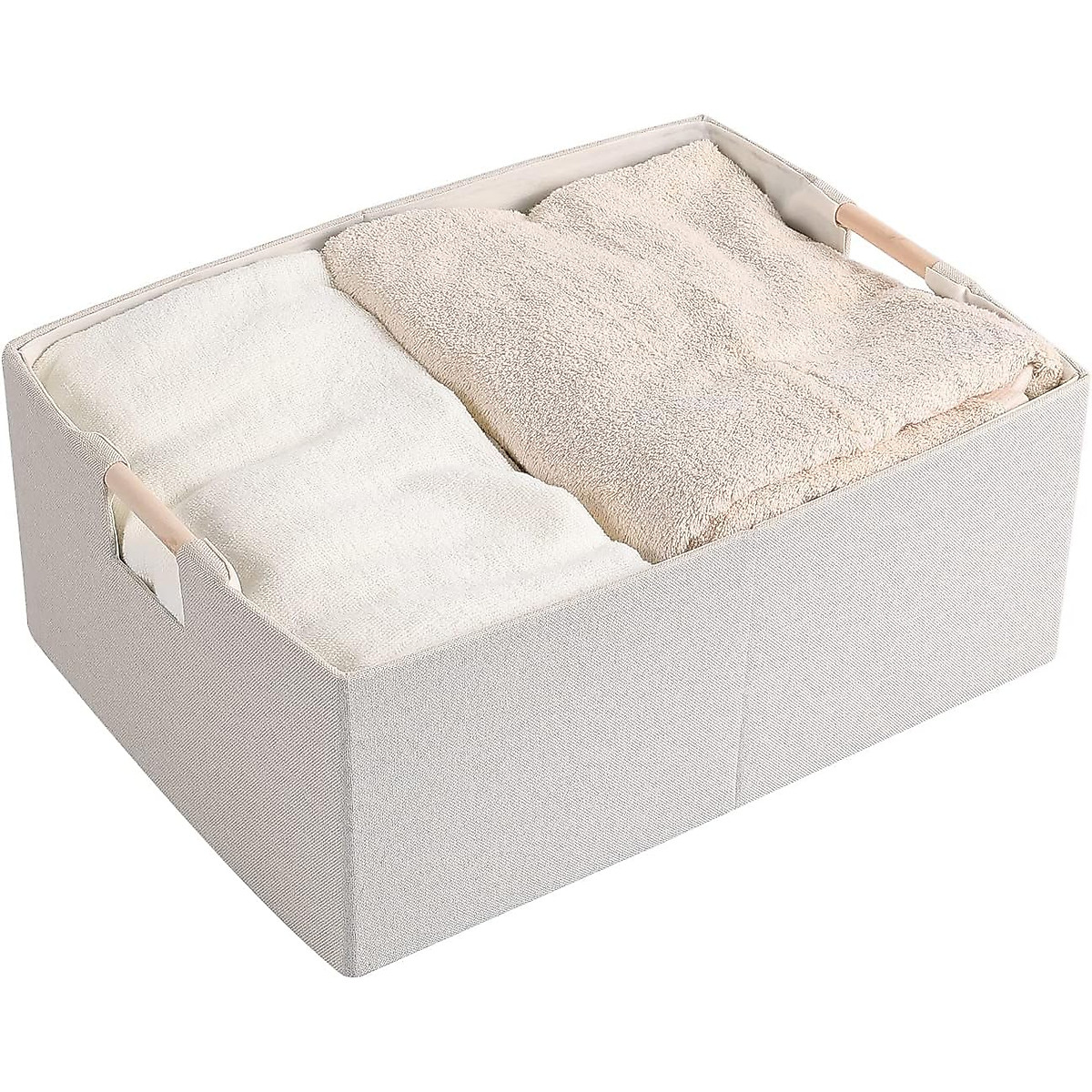 LaMorée Fabric Storage Bin Box Foldable Cotton Linen Storage Basket with Wooden Handles Rectangular Cube Decorative Home Laundry Organizer Clothes Blanket Container – Beige, Medium