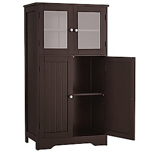Iwell Bathroom Storage Cabinet, Linen Cabinet with Glass Doors & Adjustable Shelf, Freestanding Storage Organizer for Living Room, Home Office, Bathroom, Brown