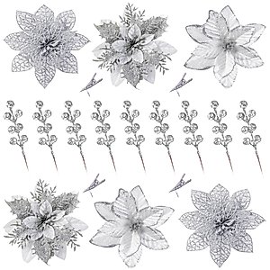 Sggvecsy 30 Pcs 3 Styles Christmas Glitter Poinsettia Flowers Artificial Berry Picks Christmas Tree Ornaments Artificial Christmas Flowers with Clips for Xmas Wreath Wedding Floral Decorations(Silver)