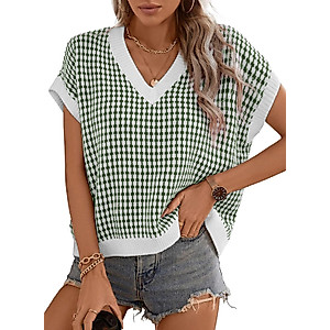 Dokotoo Summer Tops for Women 2025 Fashion Casual V Neck Batwing Short Sleeve Crochet Pullover Sweaters Vest Basic Plaid Loose Fit Lightweight Cute Shirts Comfy Cozy Cable Knit Tunic Tops Green XXL