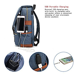 UGRACE Vintage Laptop Backpack with USB Charging Port, Elegant Water Resistant Travelling Backpack Casual Daypacks College Shoulder Bag for Men Women, Fits up to 15.6Inch Laptop in Blue