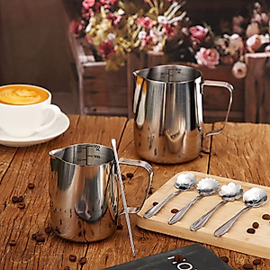 2 Pcs Milk Frothing Pitcher 12 Oz/ 350 ml 20 Oz/ 600ml Stainless Steel Milk Frother Cup with 4 Floral Dessert Coffee Spoons 2 Decorating Art Pens Silver Espresso Accessories Set for Kitchen Cafe Bar