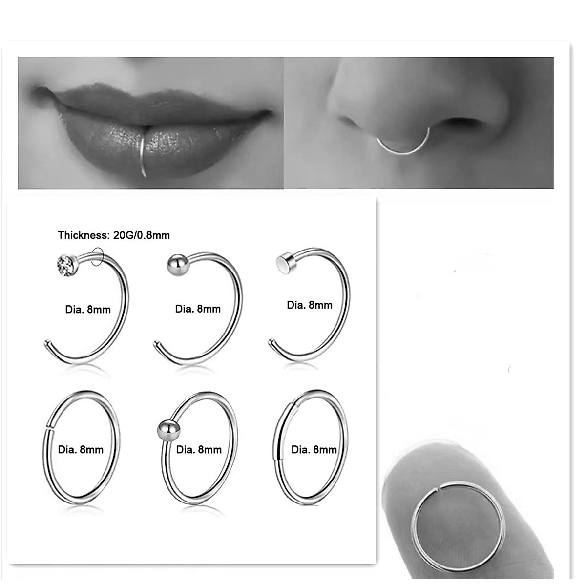 LuckyAmor 20G Nose Rings Stainless Steel Silver with CZ Studs Cartilage Body Piercing Jewelry (17PCS-MIX-Silver)