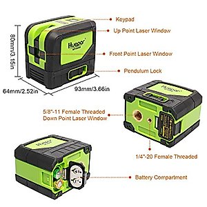 Huepar 3 - Point Laser, Self-leveling Green Beam Laser Level with Plumb Spots for Soldering and Points Reference Positioning, 197ft Working Range, Floor Stand and Magnetic Bracket Included- 9300G