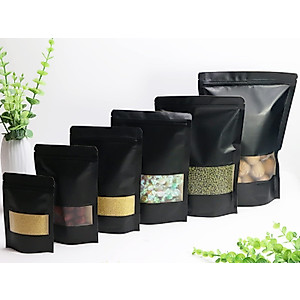 PQZKLDP 100pcs Black Kraft Paper Stand Up Pouches, Ziplock Stand Up Food Storage Bags with Matte Window, Reusable, Heat-Sealable for Packaging in Home , Office , Outdoors (Mixed Size)