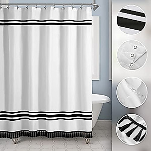 Seasonwood Black and White Shower Curtain Farmhouse Shower Curtain Striped Shower Curtain for Bathroom Sets Boho Shower Curtain with Tassels Modern Bathroom Curtains Decor Waterproof Fabric 72"x72"
