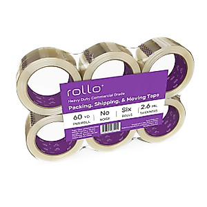 Rollo No Noise Packing Tape - Silent Shipping Tape 60 Yards x 2" Wide x 2.6 Mil Thick (6 Refill Rolls) - Clear Heavy Duty Industrial Quiet Tape for Packaging, Shipping, Moving, Storage with No Bubbles