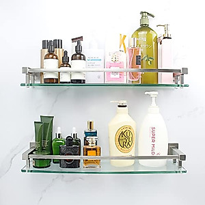 Bathroom Shelves Rectangle Tempered Glass Shelf SUS304 Stainless Steel with rail Lavatory Shower Caddy Floating Wall-Mount Home Decor Holder,20.5x5.3 inches Brushed Finish,1 Shelf with Hardware