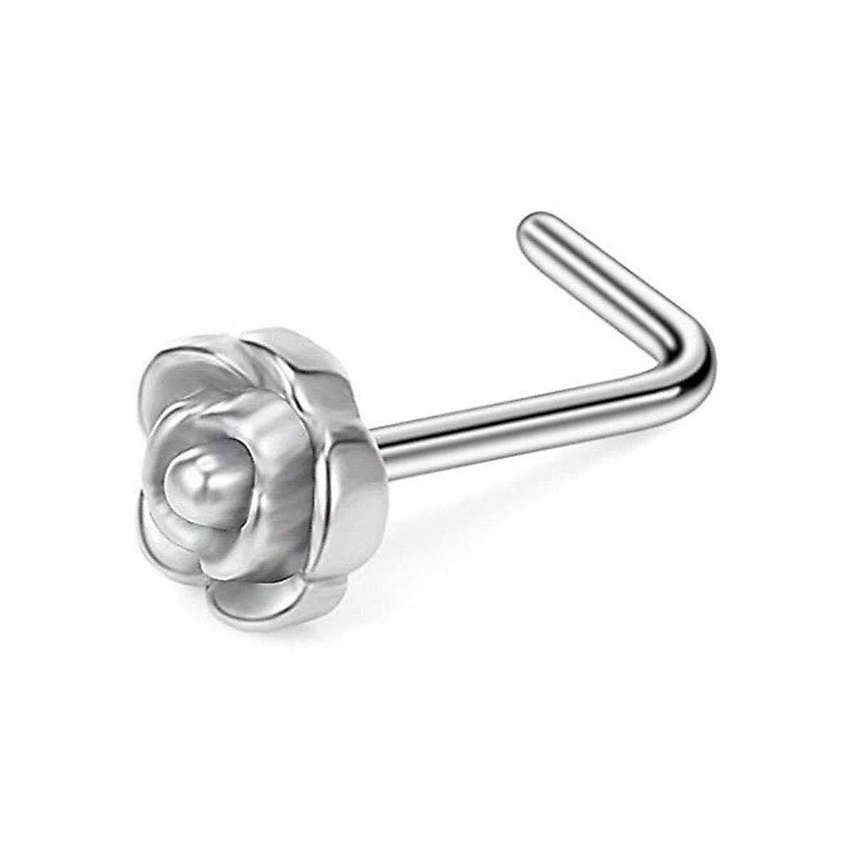 Tvoip 6Pcs 20G Titanium Nose Stud L Bone Shape Elegant Rose Flower Charm Nose Ring Earring Silver Hoop Stud Body Piercing Jewelry