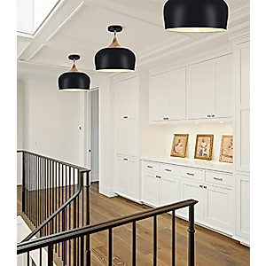 POLITAMP Modern Pendant Lights,Wooden Dome Pendant Light Fixture,Adjustable Hanging Pendant Lighting Chandelier Lamp for Kitchen Island,Dining Room,Hallway,Foyer,Bedroom(Black)