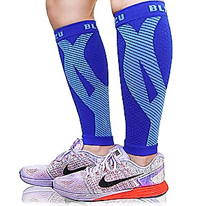 BLITZU 3 Pairs Calf Compression Sleeves for Women and Men Size L-XL, One Blue, One Pink, One Purple Calf Sleeve, Leg Compression Sleeve for Calf Pain and Shin Splints. Footless Compression Socks.