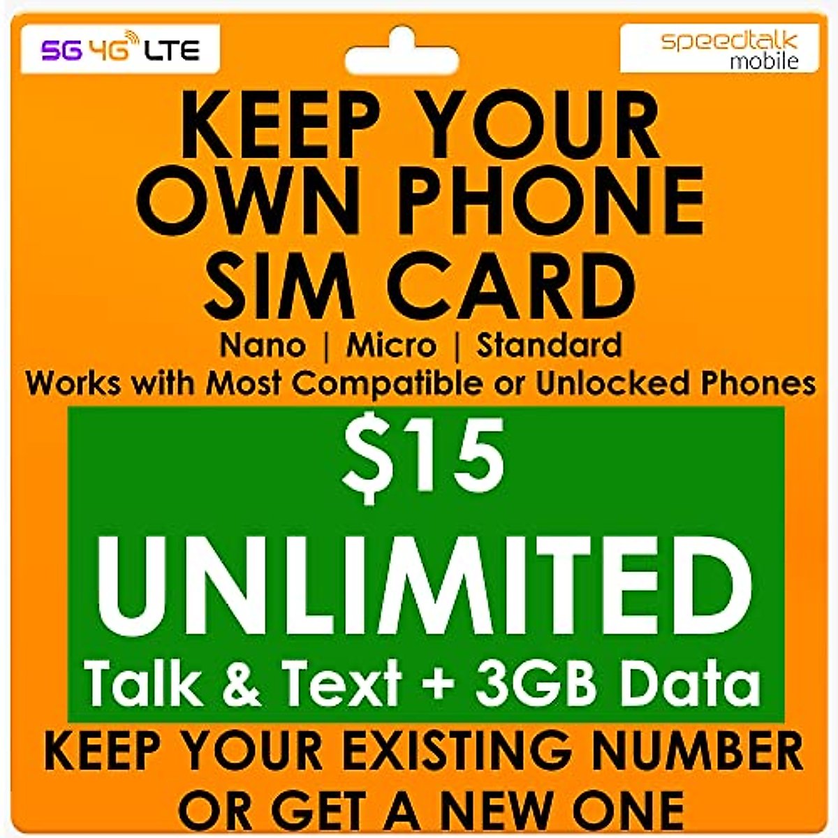 SpeedTalk Mobile SIM Card Kit - Unlimited Minutes Call & SMS Text + 3GB 4G LTE Data | 30 Days Smart Cell Phone Service Plan | 3 in 1 Simcard - Standard Micro Nano | No Contract USA Coverage
